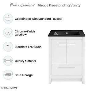 Swiss Madison Virage 24" Freestanding, Bathroom Glossy White Bath Vanity