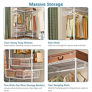 VIPEK L9 L Shape Garment Rack Heavy Duty Clothing Rack with 4 Adjustable Shelves & Slid Baskets, Freestanding Clothes Rack Metal Wardrobe Closet Rack, 44.6"L x 39"W x 73.4"H, Max Load 700LBS, White