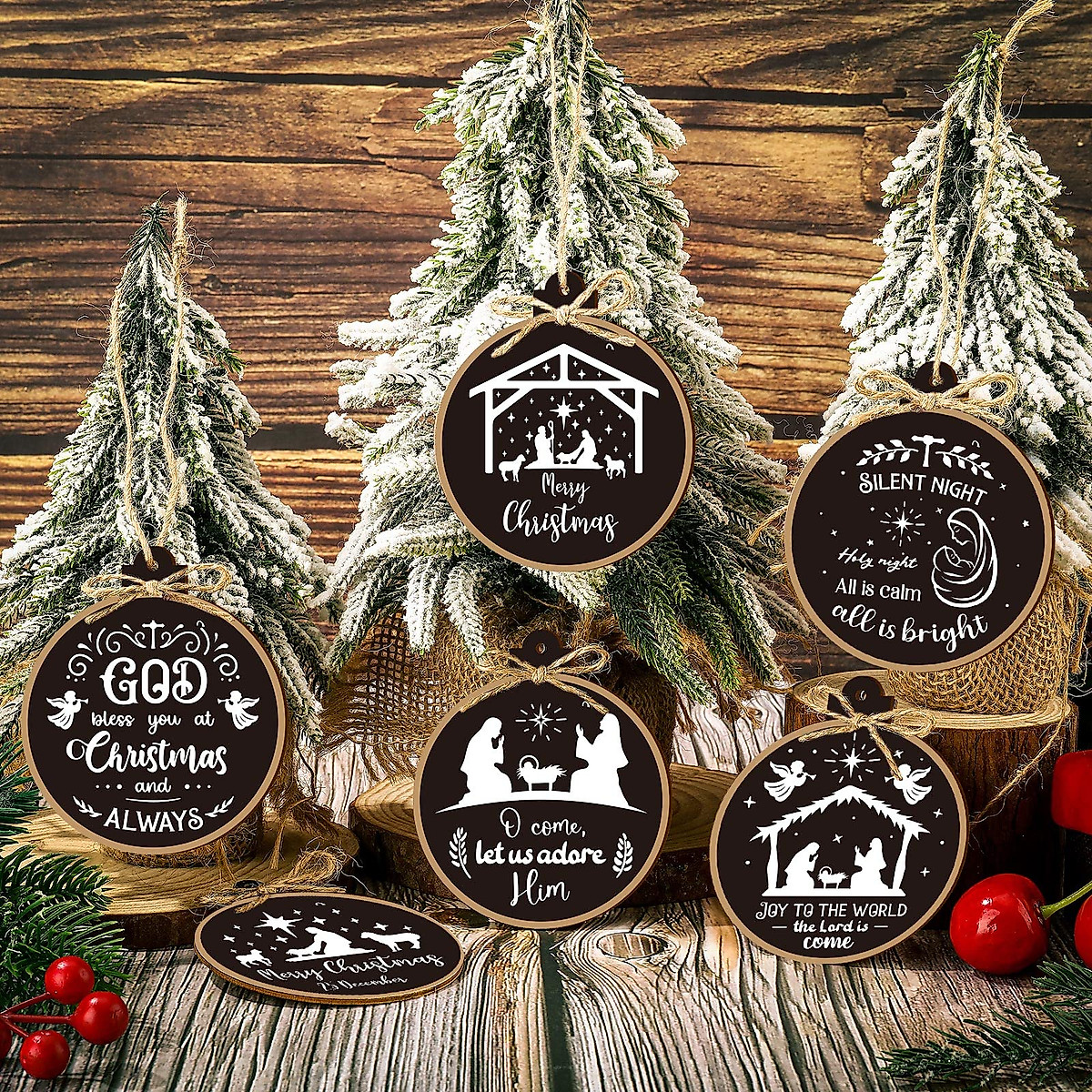 24 Pcs Nativity Christmas Tree Ornaments Religious Christmas Nativity Scene Set The Birth of Jesus Christmas Decorations Wooden Nativity Scene Christmas Tree Ornament (Classic Style)