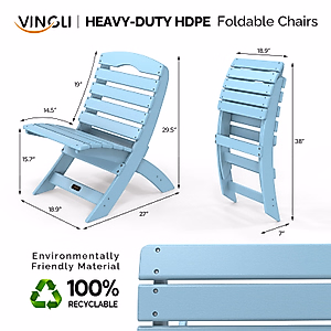VINGLI Portable Adirondack Chairs Set of 2, Folding Plastic Adirondack Chair for All Weathers, Outdoor Fire Pit Chairs for Patio Poolside Porch Beach, Capacity 350 LBS, Blue