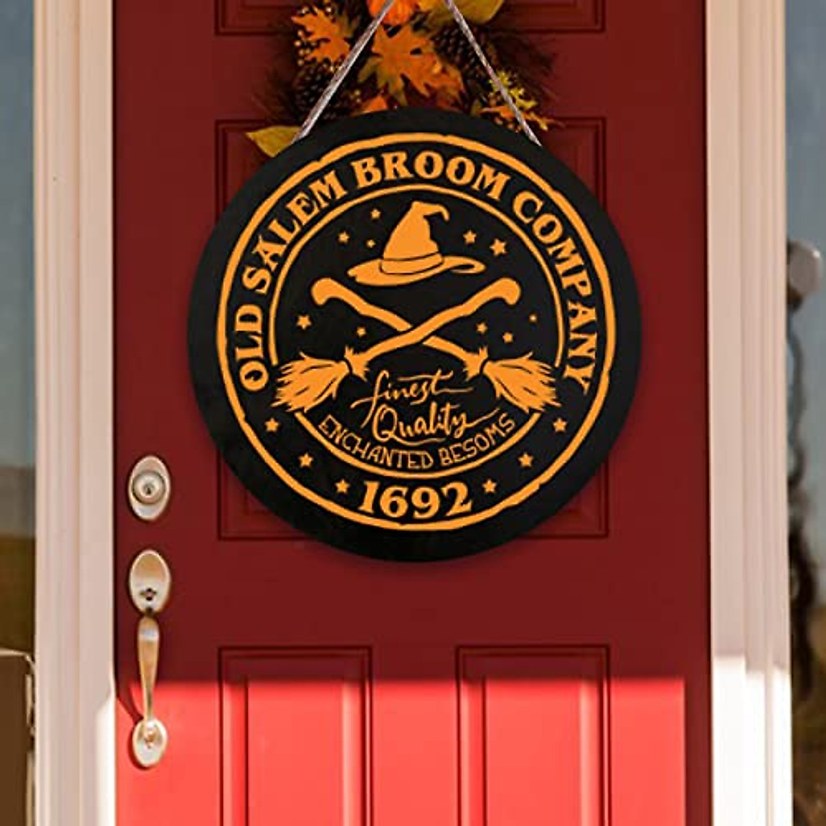 GLLBTPT Halloween Door Decorations,Halloween Wooden OLD SALEM BROOM COMPANY Hanging Sign with Rope Front Door, Halloween Decorations Indoor