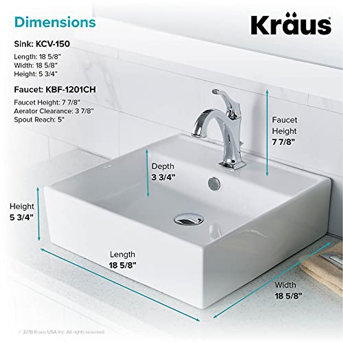 KRAUS Elavo 18 1/2-inch Square White Porcelain Ceramic Bathroom Vessel Sink with Overflow and Arlo Faucet Combo Set with Lift Rod Drain, Chrome C-KCV-150-1201CH
