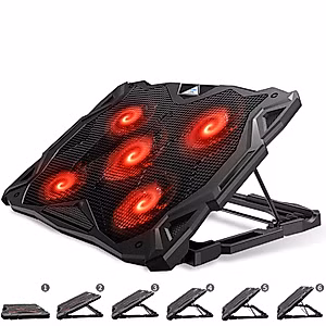 Pccooler Laptop Cooling Pad, Laptop Cooler with 5 Quiet Red LED Fans for 12-17.3 Inch Laptop, Dual USB 2.0 Ports, Portable 6 Angle Adjustable Laptop Stand for Gaming Laptop
