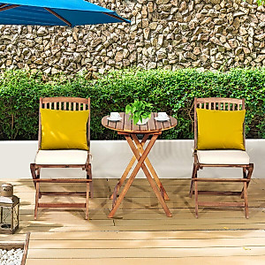 Tangkula 3 PCS Patio Folding Bistro Set, Outdoor Acacia Wood Chair and Table Set w/Padded Cushion& Round Coffee Table, Ideal for Indoor Patio Poolside Garden (Cream)