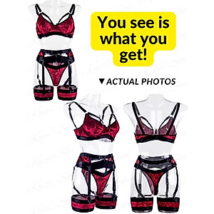 Kaei&Shi Garter Belt Thong Lingerie for Women,Strappy Hollow Out Sexy Lingerie,Underwire Mesh Sheer Matching 4 Piece Lingerie Set Valentine Day Red Velvet Medium