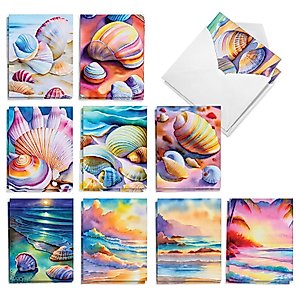 The Best Card Company 20 Assorted Blank Notecards Box Set 4 x 5.12 Inch with Envelopes (10 Designs, 2 Each) Rainbow Seashells AM10040OCB-B2x10