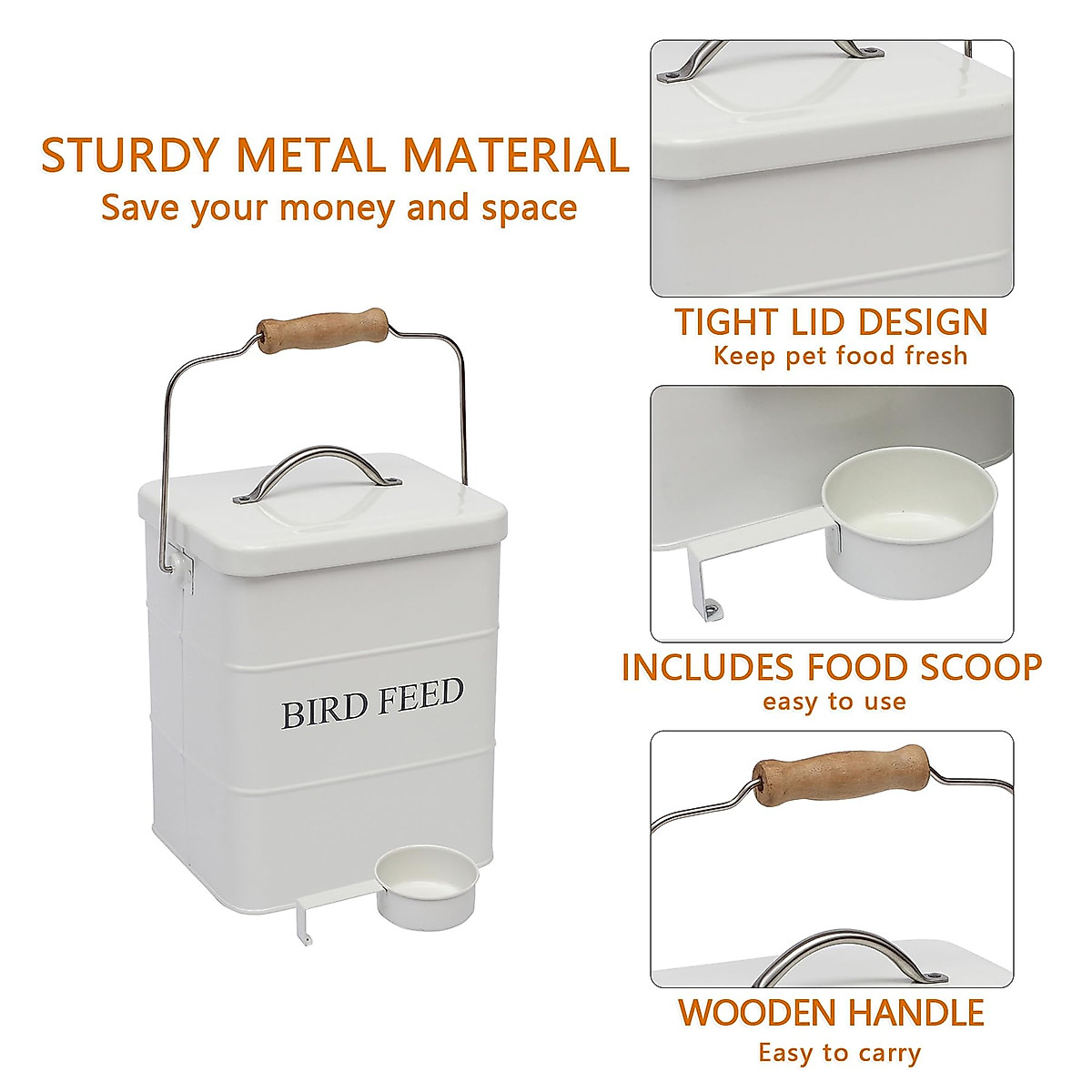 Morezi Bird Seed and Feed Storage tin with lid Included - White-Coated Carbon Steel - Tight Fitting lids - Storage Canister tins - White