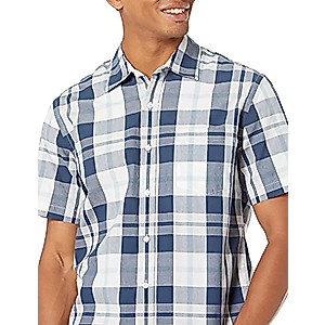 Amazon Essentials Men's Slim-Fit Short-Sleeve Poplin Shirt, White/Navy, Large Plaid, X-Large