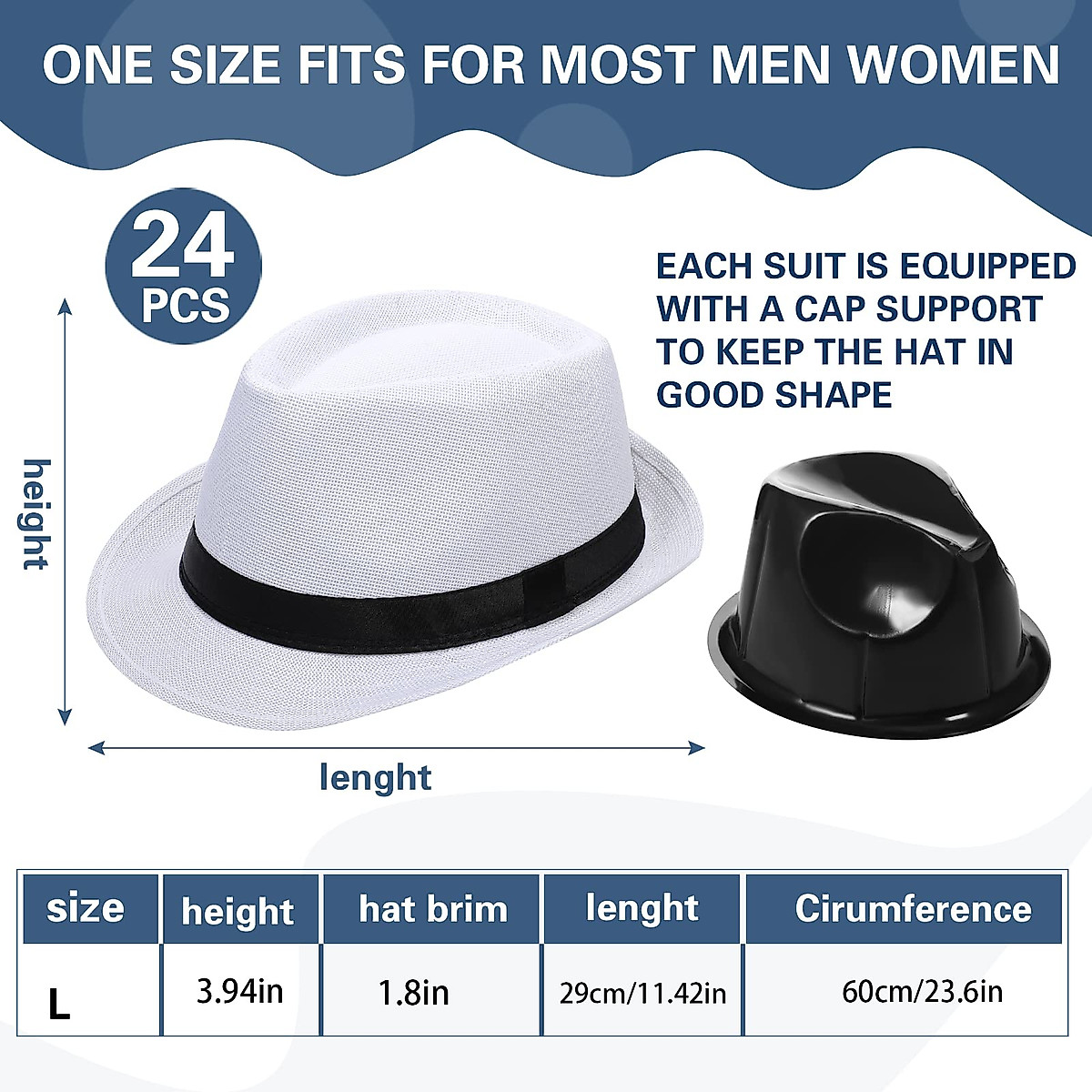 Lasnten 24 Pack 1920s Fedora Hats Bulk for Men Short Brim Sun Panama Hats for Women Party Costume, Circumference 60 cm(White)