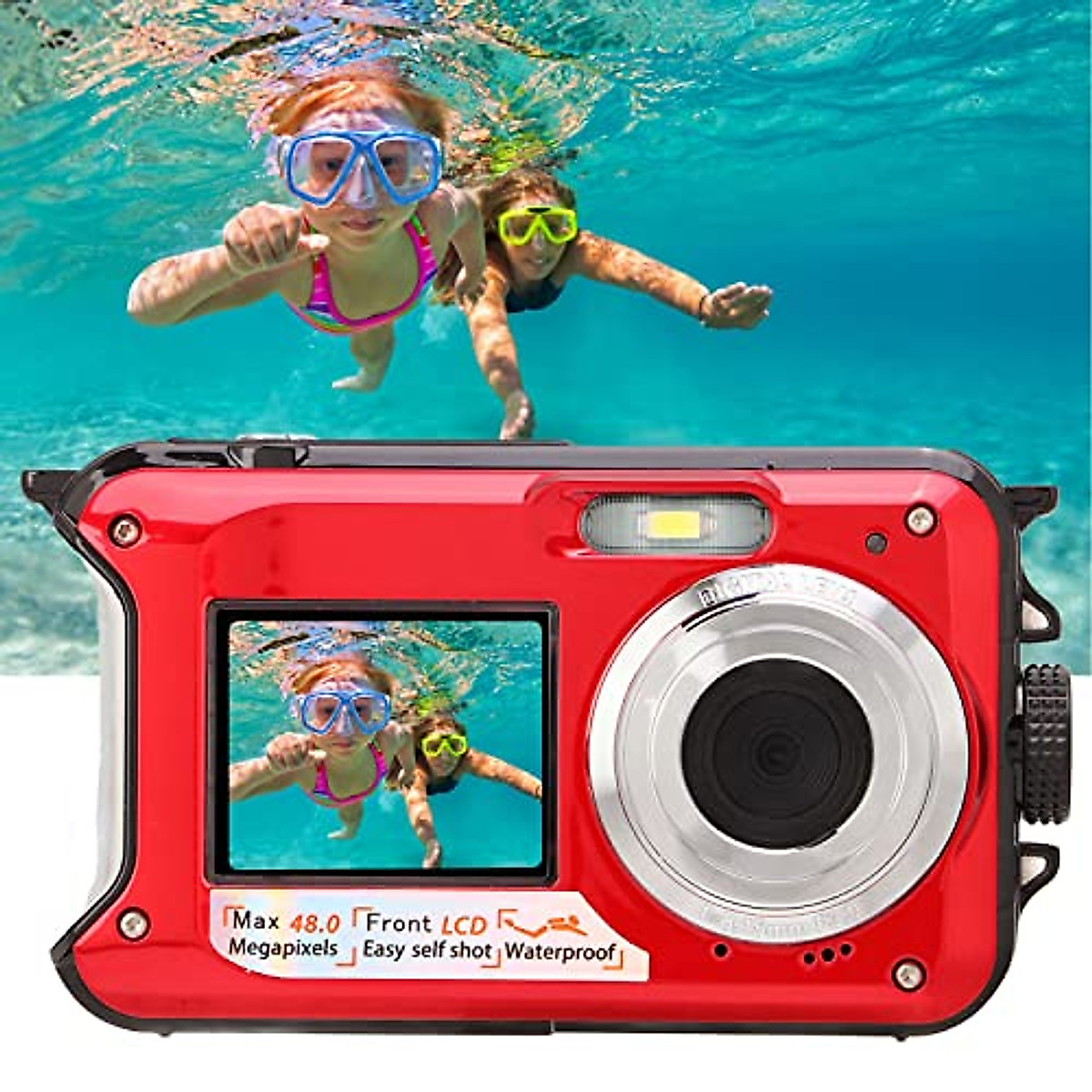 Waterproof Digital Camera, Full HD 2.7K 48MP 10ft Waterproof Underwater Digital Camera, 16X Digital Zoom Front Rear Double Screens Waterproof Digital Camera (Red)