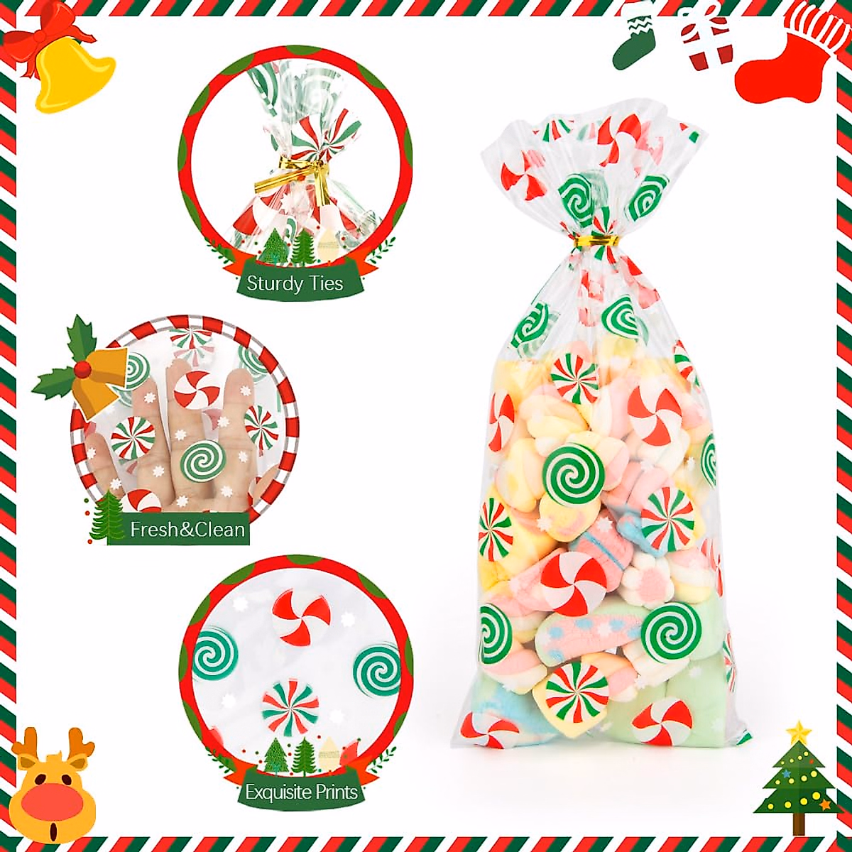 Christmas Treat Bags, 50 Pack Christmas Candy bags, Cellophane Treat Bags with Twist Ties, Christmas Candy Cane Goodie Gift Bags, Cello Holiday Treat Bags for Gift Wrap Sweets Xmas Party Favor Supplies