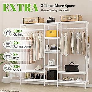 HOKEEPER Heavy Duty Free Standing Closet Organizer with 8 Shelves and Coat Rack Extra Large Wardrobe Closet Clothing Rack for Hanging Clothes Closet Storage Garment Rack for Bedroom 1000lbs White