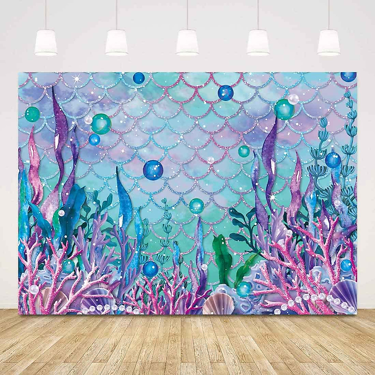 Sensfun Under The Sea Baby Shower Backdrop Purple Blue Seaweed Glitter Scales Underwater Photography Backgrpund Mermaid Birthday Decorations Party Cake Table Banner Photoshoot Vinyl Prop 7x5ft