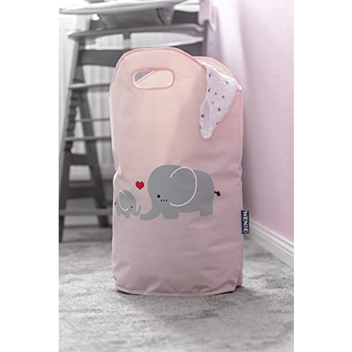 WENKO Kids Laundry Hamper, Baby Hamper for Nursery, Baby Basket for Dirty Clothes, Elephant Nursery Hamper, Toy Basket with Handles, Pink Laundry Bin, 15.7 x 20.5 x 7.9 inch