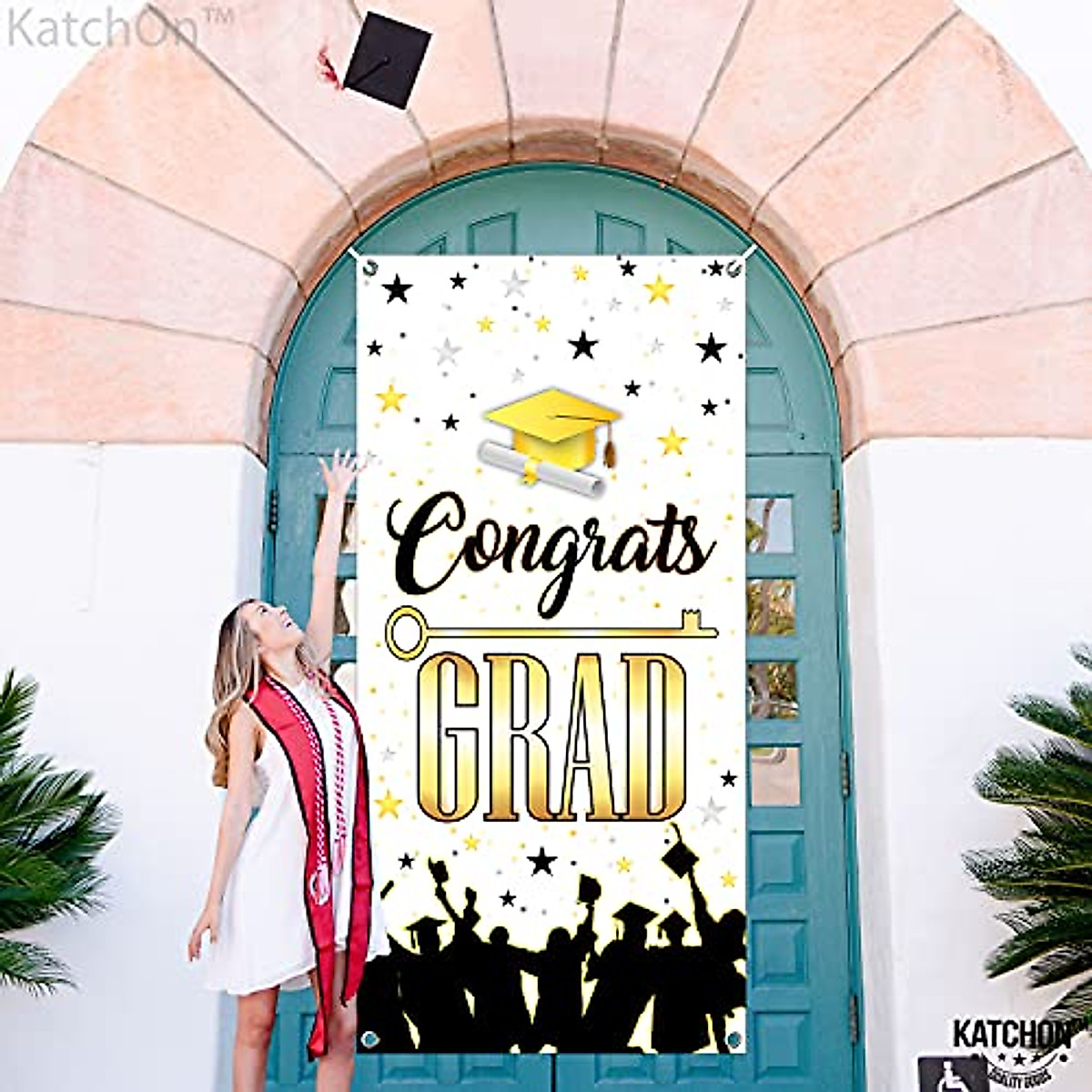 Congrats Grad Graduation Door Sign - 74x36 Inch | Congrats Grad Banner, Graduation Party Decorations 2023 | Graduation Door Banner 2023 | Graduation Decorations White and Gold | Graduation Door Cover