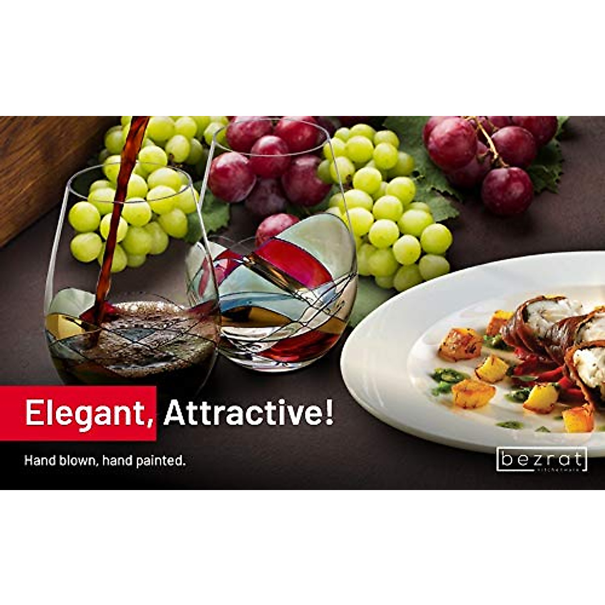 Bezrat Stemless Wine Glasses Set of Two | Hand Painted Large Premium Red and White Wine glasses | Lead-Free Crystal | Essential Wine Gift | 18 Ounces (Blue)