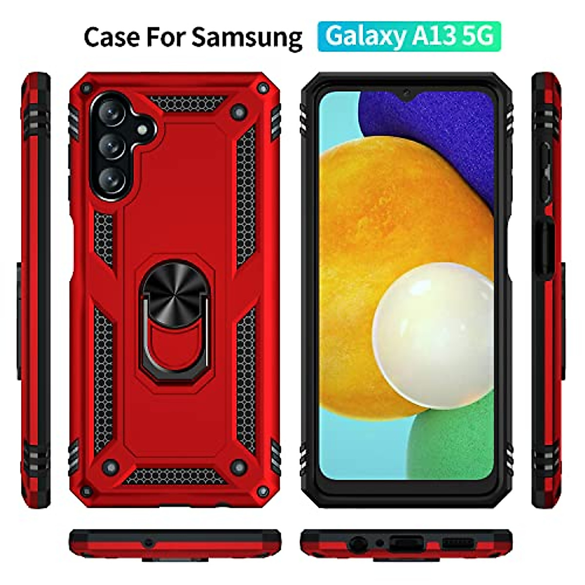 YZOK for Galaxy A13 5G Case,with HD Screen Protector,[Military Grade] Ring Car Mount Kickstand Hybrid Hard PC Soft TPU Shockproof Protective Case for Samsung Galaxy A13 5G (Red)