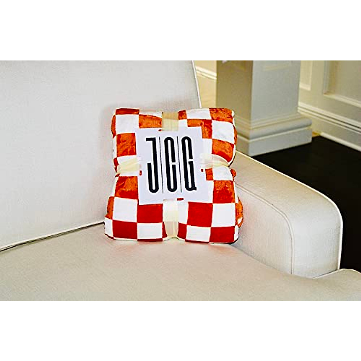 JCG Blanket Luxury Chessboard Plaid Throw Blanket (White/Orange), Fluffy Blankets, Warm Blankets for Winter, Blankets Queen Size, Good Also as Summer Blanket,