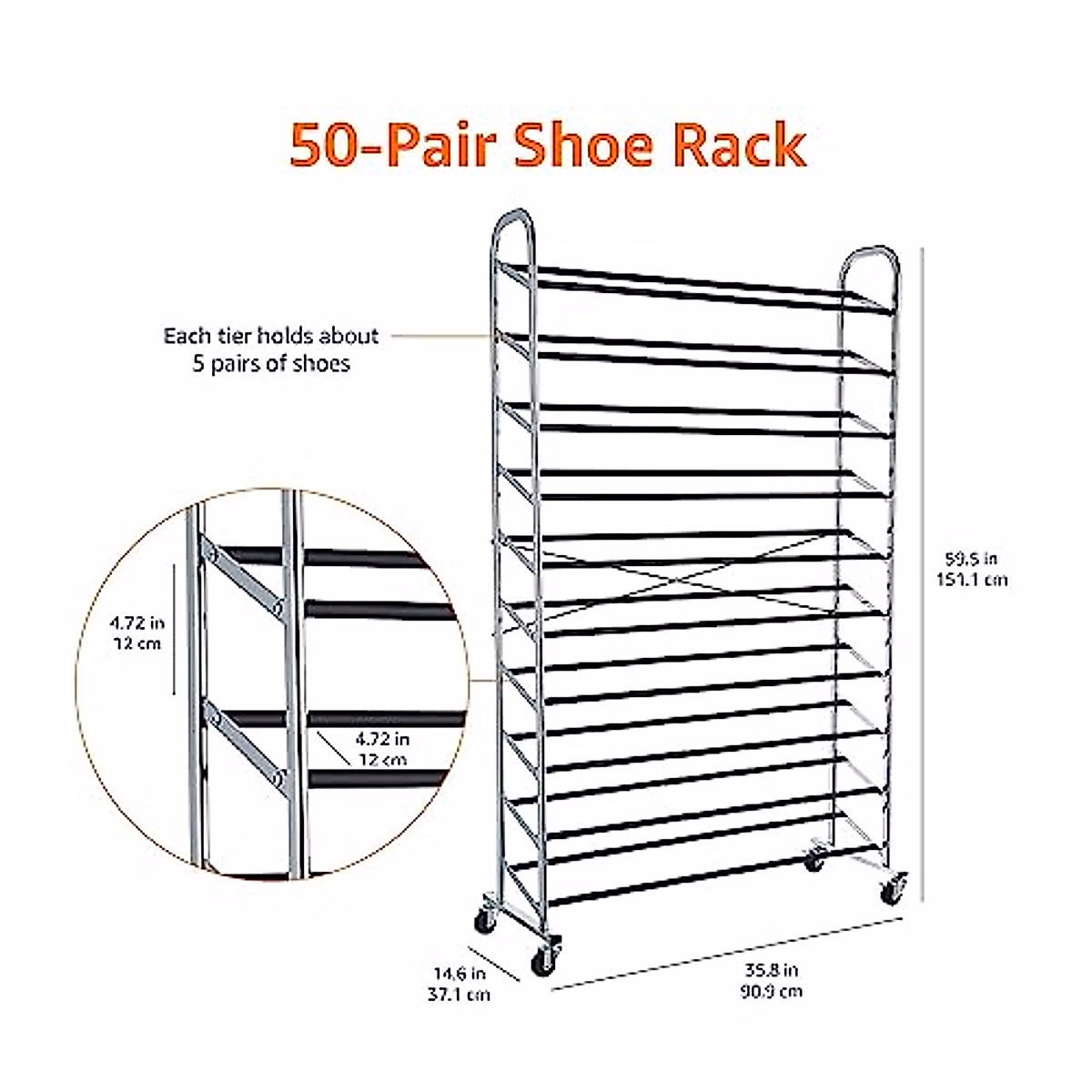 Amazon Basics 50-Pair Shoe Rack Organizer, Chrome, 35.8 x 14.6 x 59.5 inches