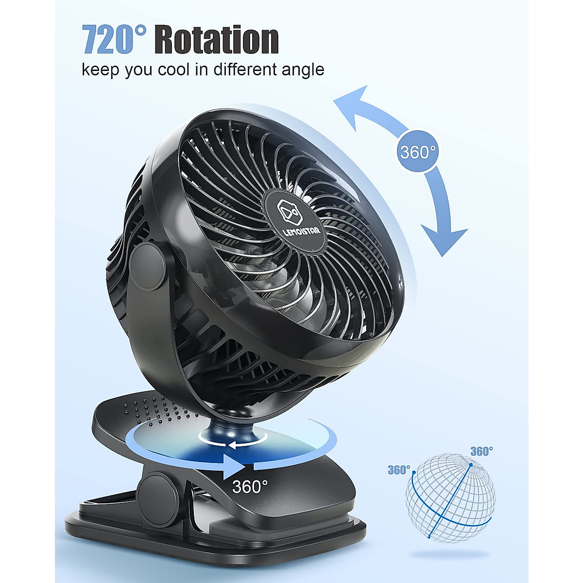 LEMOISTAR AA Battery Operated Clip on Fan, Stroller Fans, USB Powered Portable Desk Fan 4 Speeds Personal Golf Cart, Small Table Fan, Wireless, for Camping Hurricane Office Bed-Black