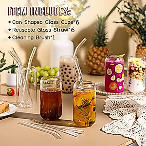 Infankey Glass Cups with Glass Straw 6pcs Set - Beer Can Shaped Drinking Glasses, 16 oz Iced Coffee Glasses, Cute Tumbler Cup for Smoothie, Boba Tea, Whiskey, Juice, Water - 1 Cleaning Brushes