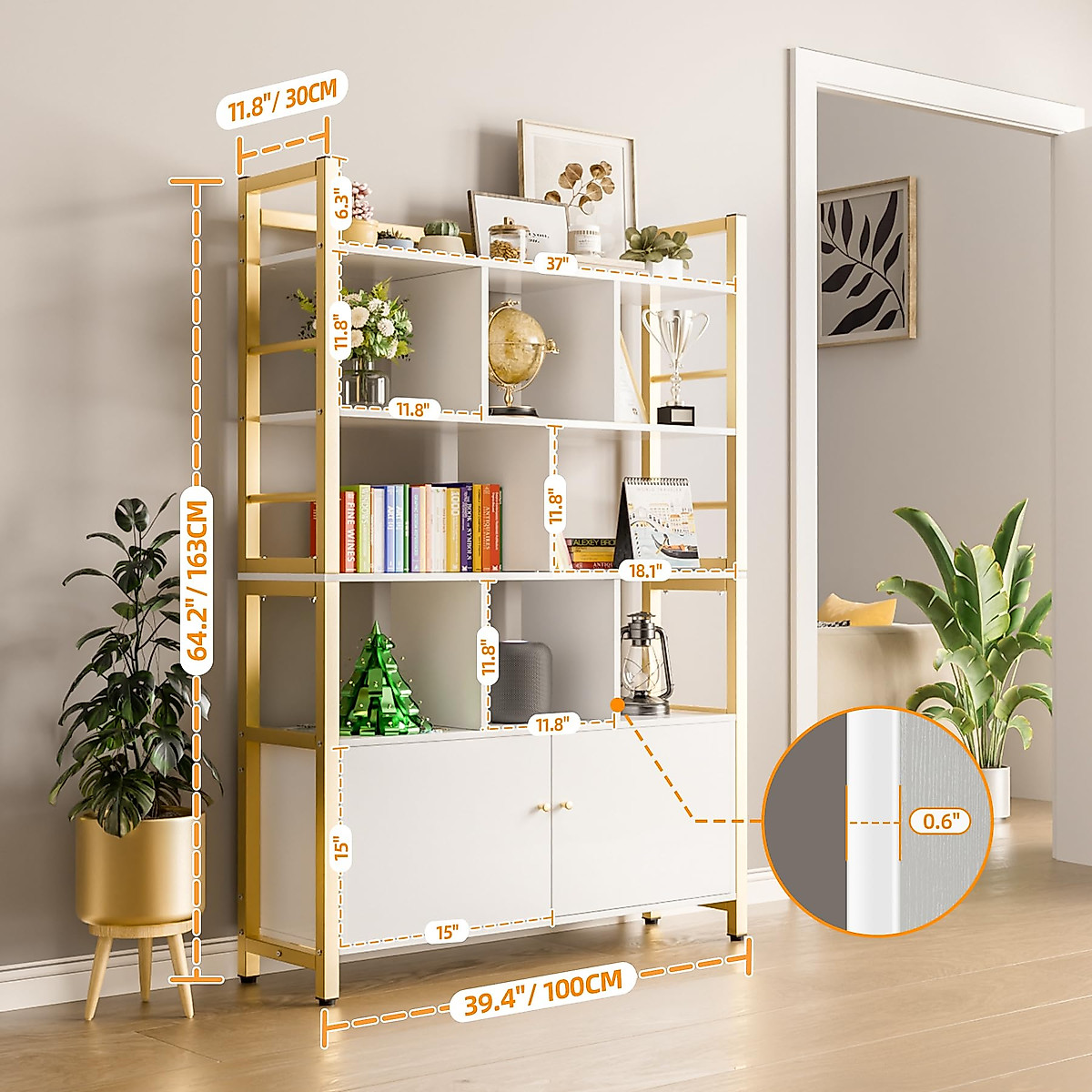 Gold and White Bookshelf with Doors, 4 Tier 39.4in Wide Heavy Duty Bookshelves with Cabinet Storage, Large Book Shelf 64.2" H x 39.4" W x 11.8" D Office Shelving, Wood & Metal Bookcase Living Room