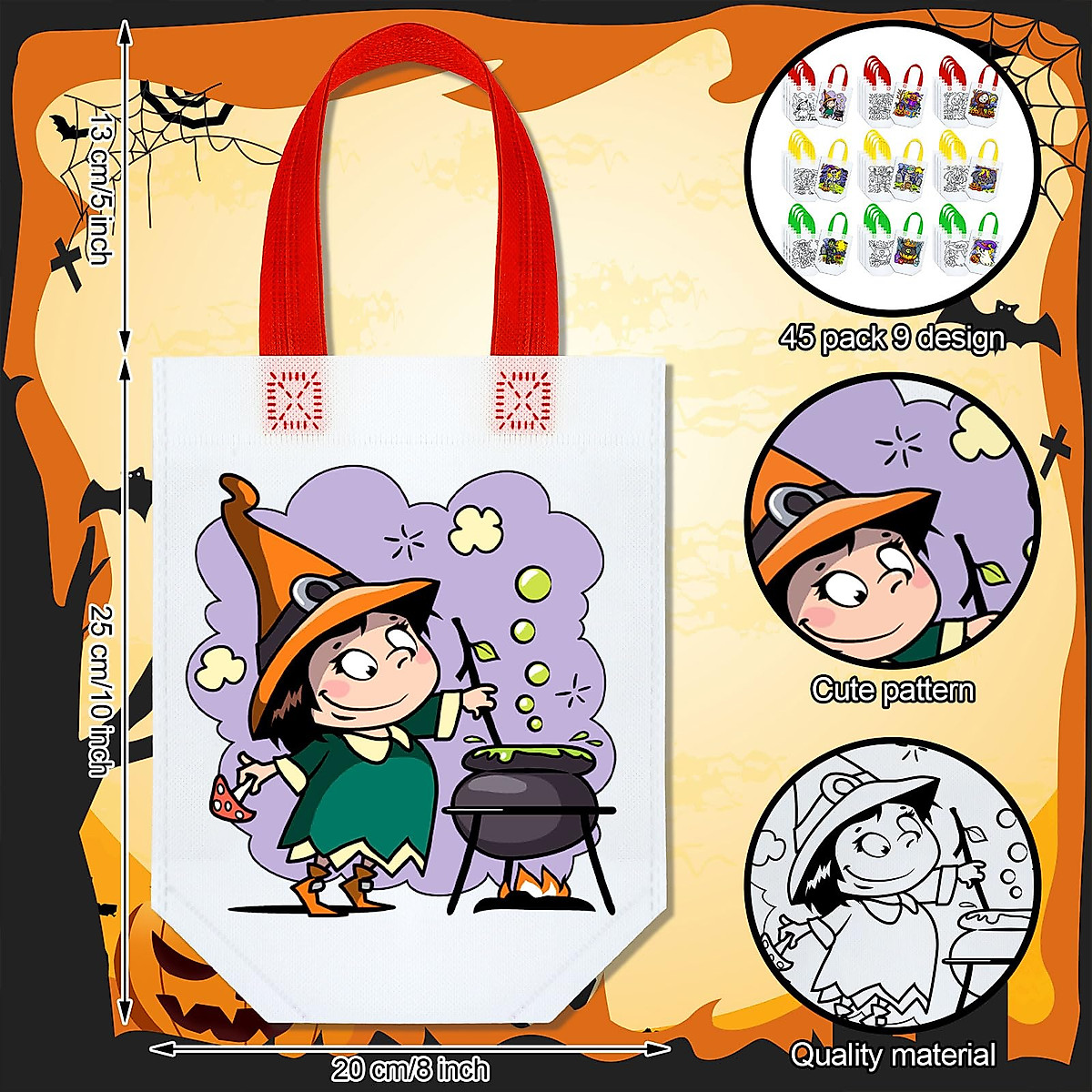 Kacctyen 45 Pcs Cute Coloring Goodie Bags Reusable Halloween Art Party Favor Bags Paint Bags for Kids Halloween Birthday Party Favor Bags Color Your Own Bag Graffiti Goodie Bags, 9 Styles