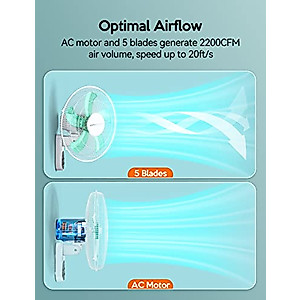 VAGKRI Wall Mount Fan, 16 Inch Wall Fan with 5 Blades, 5 Speeds, 8 Hour Timer, 90° Oscillating Quiet Fan with Remote for Home Office Bedroom Living Room Garage