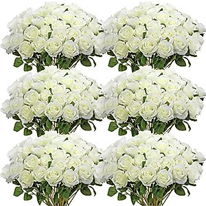50 Pcs Artificial Rose Flower Realistic Silk Roses with Stem Bouquet of Flowers Plastic Flowers Real Looking Fake Roses for Home Wedding Centerpieces Party Decorations (White)