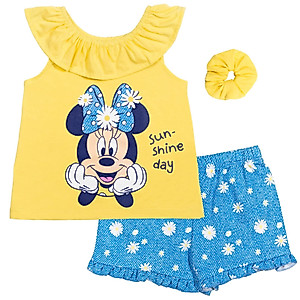 Disney Minnie Mouse Infant Baby Girls Tank Top French Terry Shorts and Scrunchie 3 Piece Outfit Set Yellow Daisies 18 Months