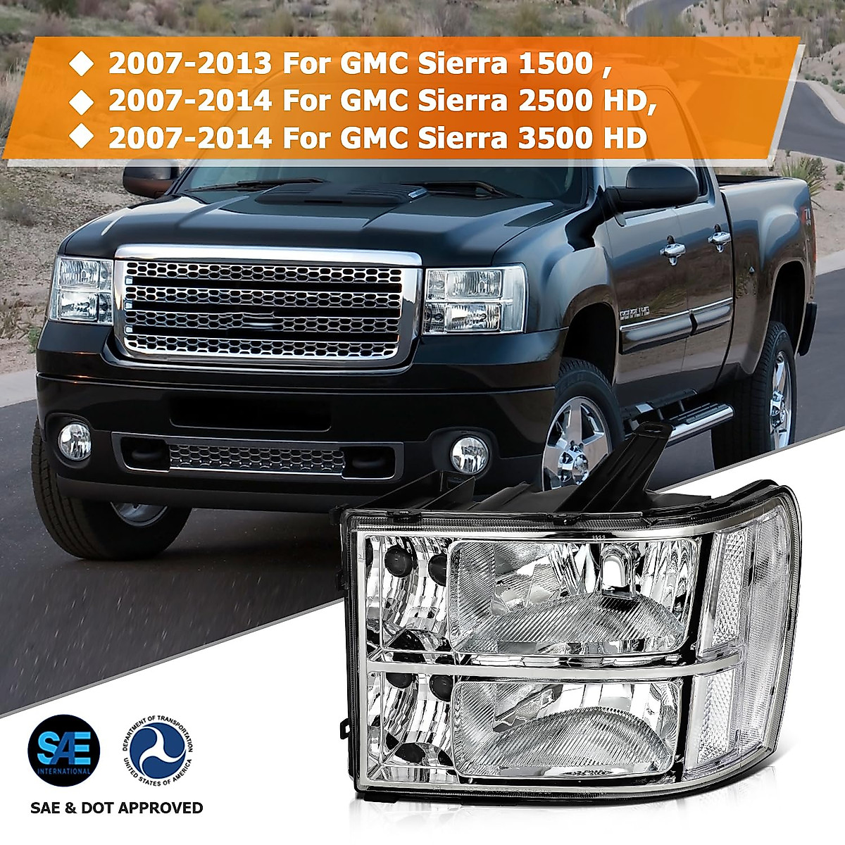 LBRST Headlight Assembly for GMC Sierra 1500 2007-2013 for GMC Sierra 2500 HD 2007-2014 for GMC Sierra 3500 HD 2007-2014 Chrome Housing Clear Reflector Driver and Passenger Side Headlamp 22853029