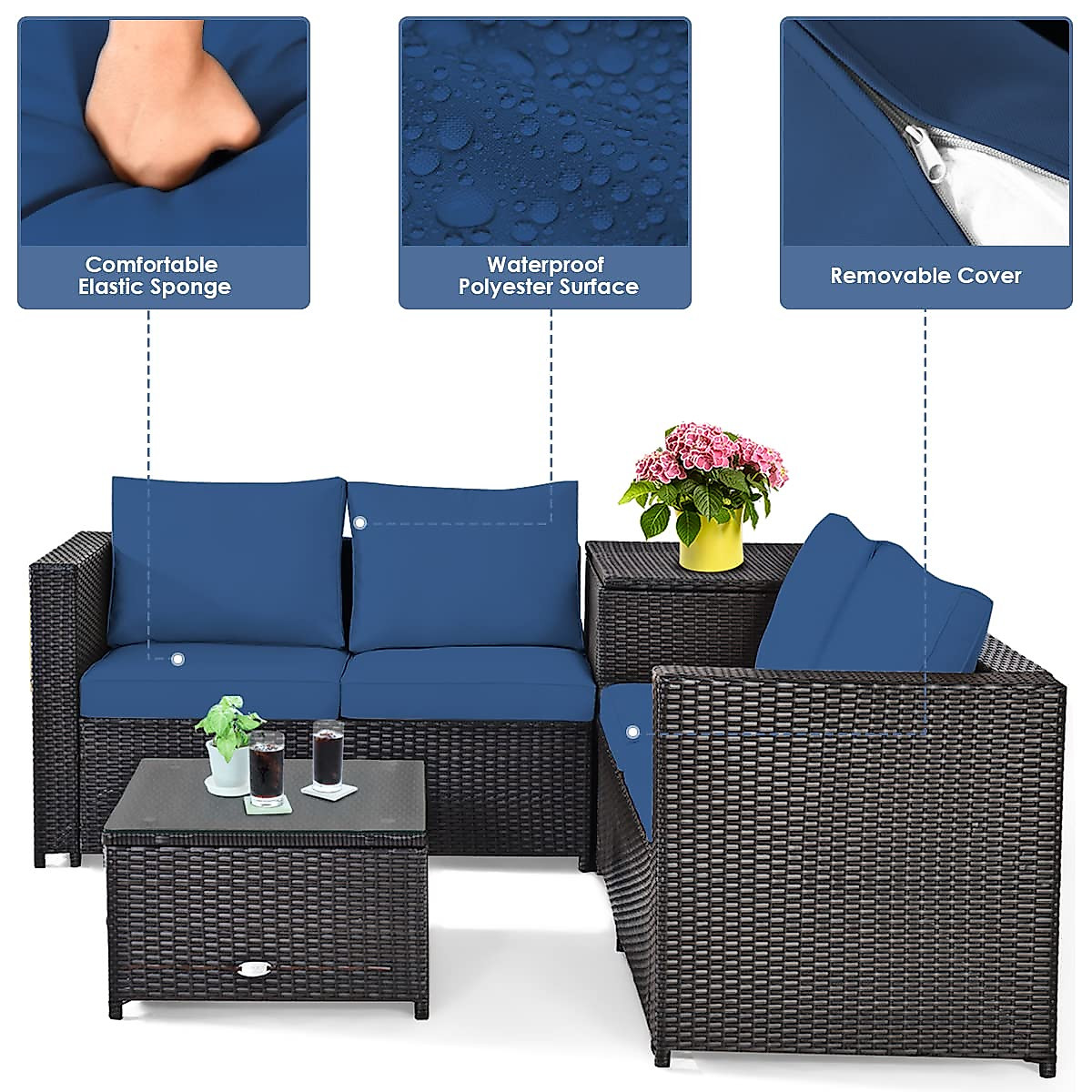 Toolsempire 4-Piece Patio Furniture Set, Navy Blue Rattan, Outdoor Sectional Sofa with Storage Box & Tempered Glass Tabletop, Furniture for Garden, Backyard, Poolside