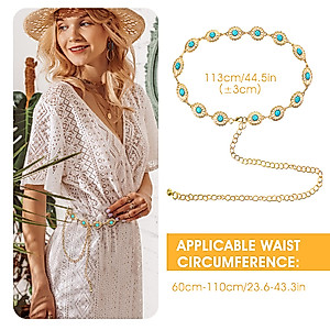 cobee Concho Chain Waist Belts for Women, Turquoise Western Metal Belt Adjustable Cowgirl Belt with Buckle for Jeans Dresses (Gold)
