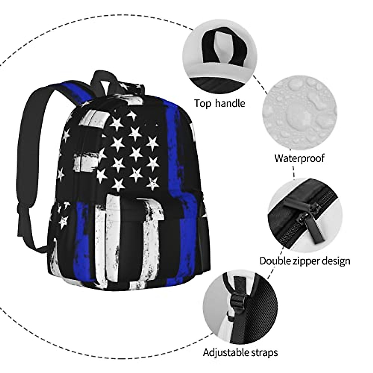 Unisex Backpack Multipurpose Rucksack Anti Theft Backpacks with Padded Straps Big Capacity Backpack American Thin Blue Line Flag Police Love Heart Black Fashion Backpack