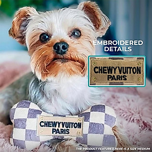 Haute Diggity Dog Checker Chewy Vuiton Bone, Plush Designer Dog Toys with Interactive Squeaker, Stimulating Pet Enrichment, Machine-Washable & Safe Materials for All Breeds, Size Medium