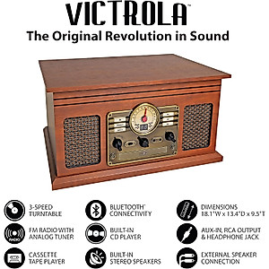 Victrola Nostalgic 6-in-1 Bluetooth Record Player & Multimedia Center with Built-in Speakers - 3-Speed Turntable, CD & Cassette Player, FM Radio | Wireless Music Streaming | Mahogany