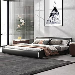 GOFLAME King Bed Frame, Modern Upholstered Platform Bed with Adjustable Headboard, Solid Wooden Slat Support, Faux Leather Luxury Reclining Bed Frame, No Box Spring Needed