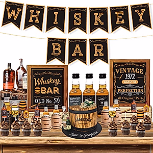Whiskey Bar Decoration Kit, DIY Whiskey Bar Sign Aged to Perfection Party Sign Whiskey Themed Cake Toppers for Men 30th 40th 50th Birthday Decorations Whiskey Aged to Perfection Party Supplies