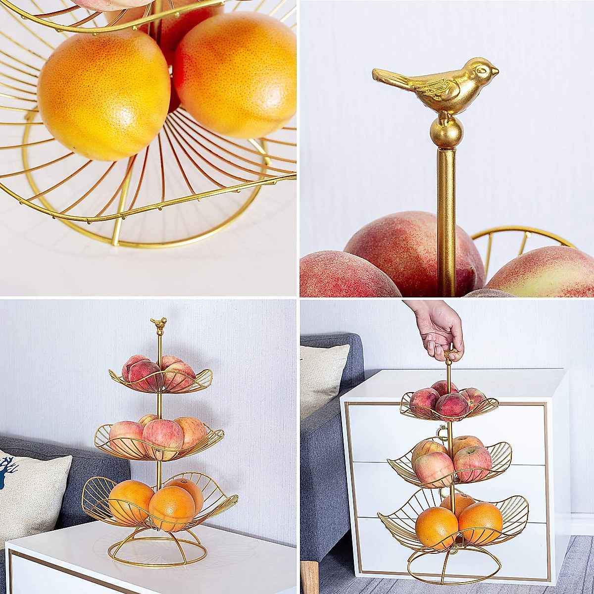 3 Tier Fruit Basket Stand, Modern Tiered Fruit Bowl for Kitchen Counter, Metal Fruit Bowl Bread Baskets, Detachable Fruit Holder Storage Baskets Stand, Black/White/Gold,Gold