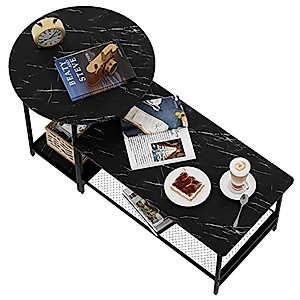 Huhote Coffee Table Black Faux Marble Wood Set of 2 Storage End Table Modern Round and Rectangular Table,2 Tiers Large Table with Metal Frame for Living Room Balcony Cabin Bed Room Dining Room.