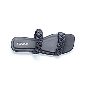 Soda VAULT Women's Square Open Toe Flat Sandals Braided Strap Slip-on Slides Woven Sandals (5.5, BLACK PU, numeric_5_point_5)