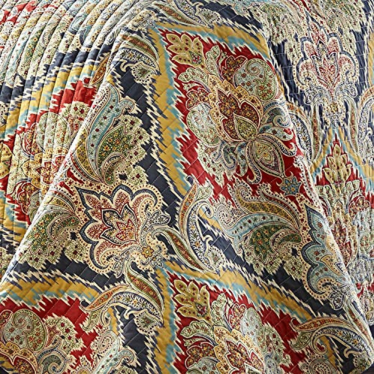 Levtex Home - Moreno Quilt Set - Full/Queen Quilt + Two Standard Pillow Shams - Traditional Damask - Red, Blue, Grey, Gold, Teal - Quilt (88x92in.) and Pillow Shams (26x20in.) - Reversible - Cotton