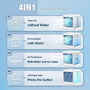 OCROUKI Portable Air Conditioners, Mini Air Conditioner with LED Night Light, Evaporative Air Cooler with 800ML Water Tank, USB Powered Air Cooling Fan for Car, Office, Home and Camping