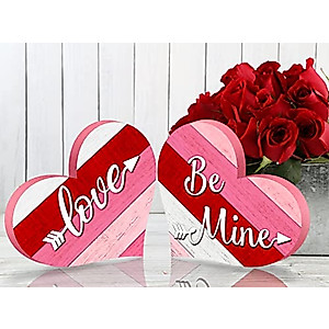 2 Pieces Valentine's Day Wooden Table Sign, Rustic Heart Shape Wood Love Sign Decor, Be Mine Romantic Home Centerpiece Freestanding Table Decoration for Home Wedding Anniversary Party Large Size