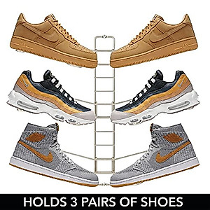 mDesign Modern Metal Shoe Organizer Display & Storage Shelf Rack - Adjustable Shelves Hang & Store Kicks, Running, Basketball, Trainers, Tennis Shoes - 3 Tier, Wall Mount - Holds 6 Shoes - Satin