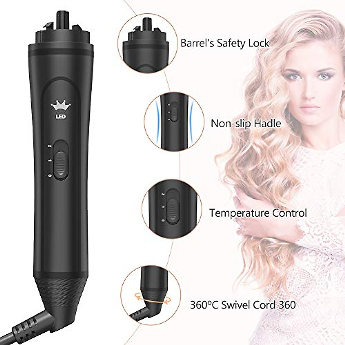 6-IN-1 Curling Iron, Professional Curling Wand Set, Instant Heat Up Hair Curler with 6 Interchangeable Ceramic Barrels (0.35'' to 1.25'') and 2 Temperature Adjustments, Heat Protective Glove & 2 Clips