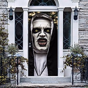 Halloween 3D Nun Door Cover Sticker, 30 x 80 Inch Lifelike Scary Ghost Nun Wallpaper for Front Door Decor, Party Outdoor Supplies