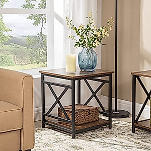 KSWIN Industrial End Table Side Table with 2-Tier Storage Shelf, 18'' Square Nightstand Bedside Table X-Design Metal Frame for Living Room Bedroom, Rustic Brown