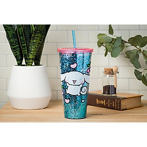 Silver Buffalo Sanrio Hello Kitty and Friends Cinnamoroll Hearts and Cherries Plastic Confetti Cold Cup with Lid and Straw, 32 Ounces