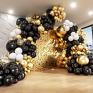 182pcs Black and Gold Balloons Garland Arch Kit, 5 10 12 18 inch Black White Metallic Gold Confetti Latex Balloons for 2024 Graduation Decorations Anniversary Birthday Party Decorations
